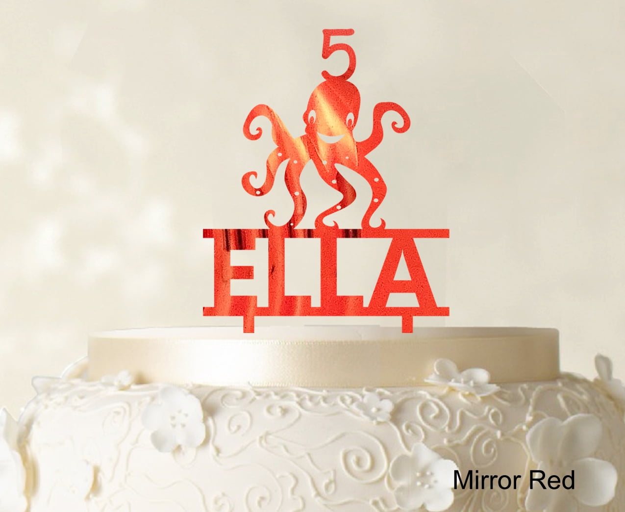 """Birthday Custom Name Cake Topper"" With Octopus Figure Mirror Red ...