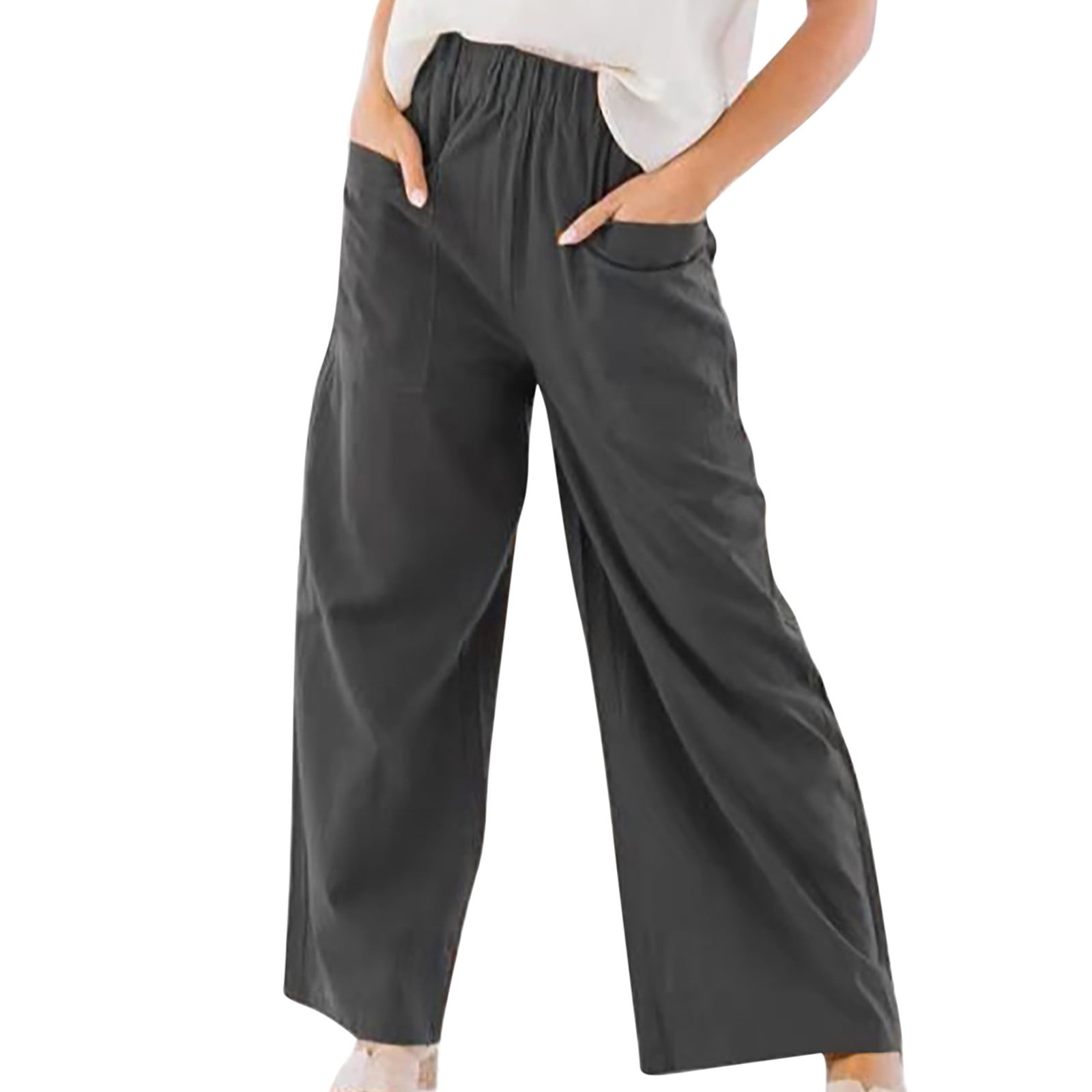 Owordtank Womens Wide Leg Casual Pants with Pockets Cotton Linen ...