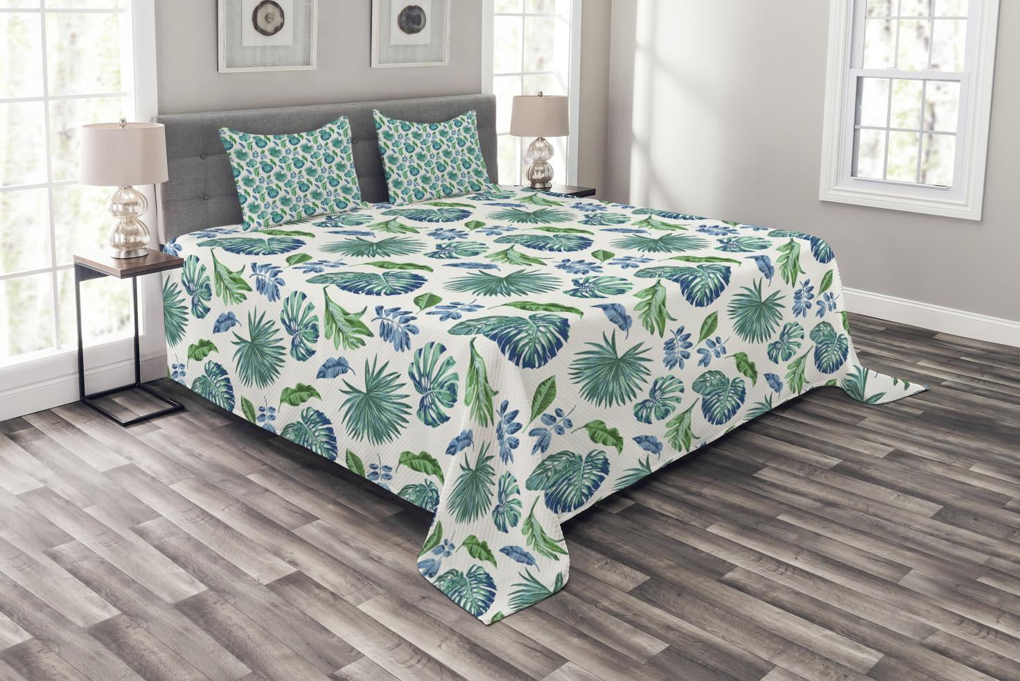 Green Leaf Bedspread Set, Monstera Coconut Palm Tree Leaves Exotic ...