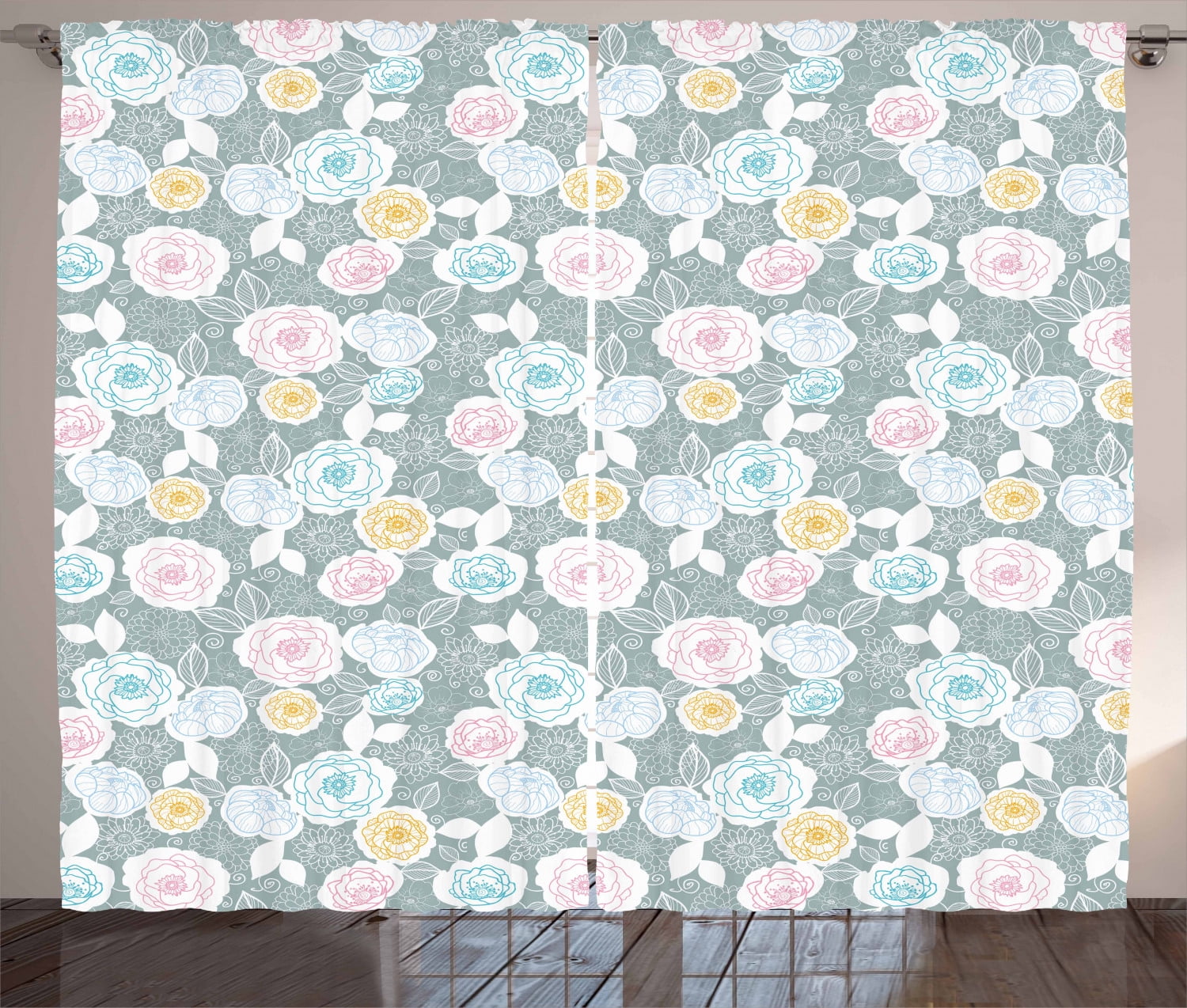 Pastel Curtains 2 Panels Set, Ornate Hand Drawn Flourish Pattern Floral ...