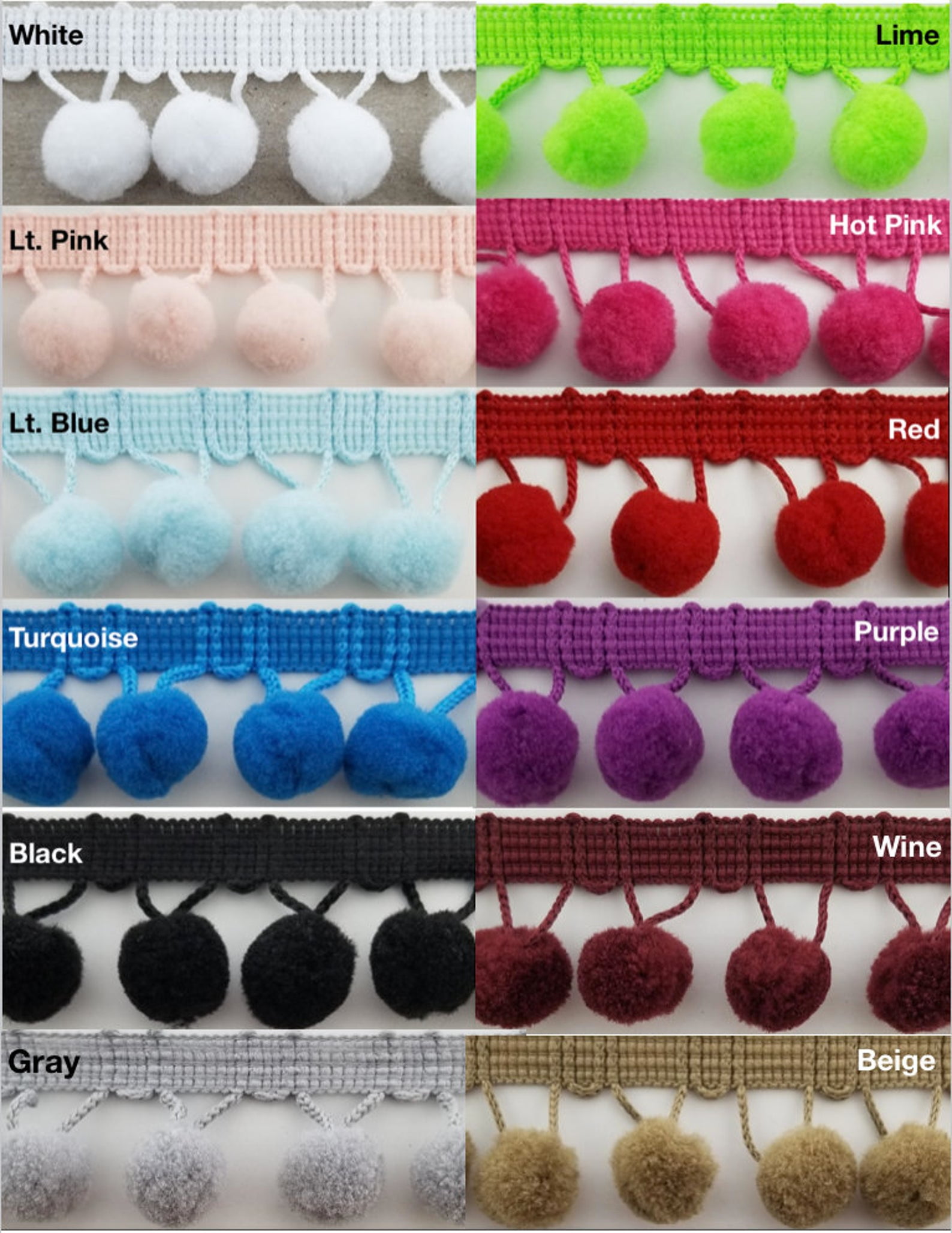 5/8" Pom Pom Poly Ball Fringe- 12 Continuous Yards - Many Colors ...