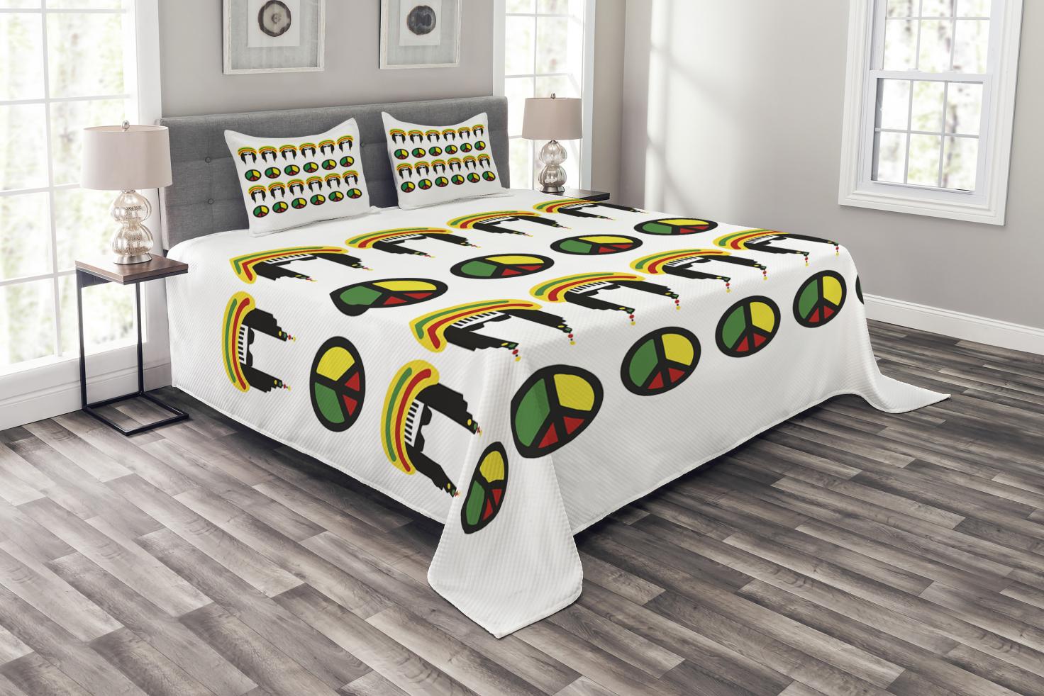 Jamaican Bedspread Set Queen Size, Reggae Icons Colorful Peace Symbols ...