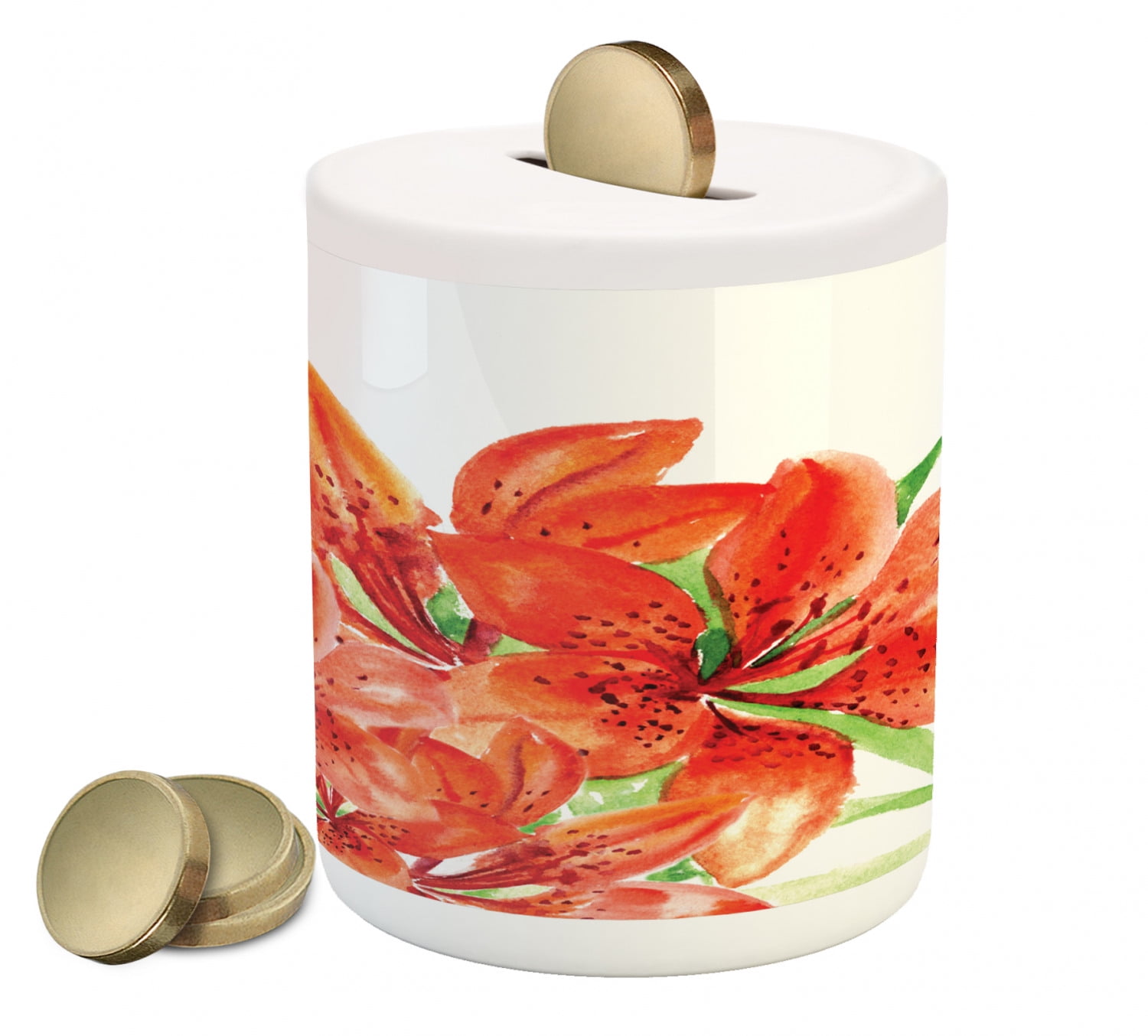Watercolor Flower Piggy Bank, Pastoral Themed Large Lilies in Vibrant ...