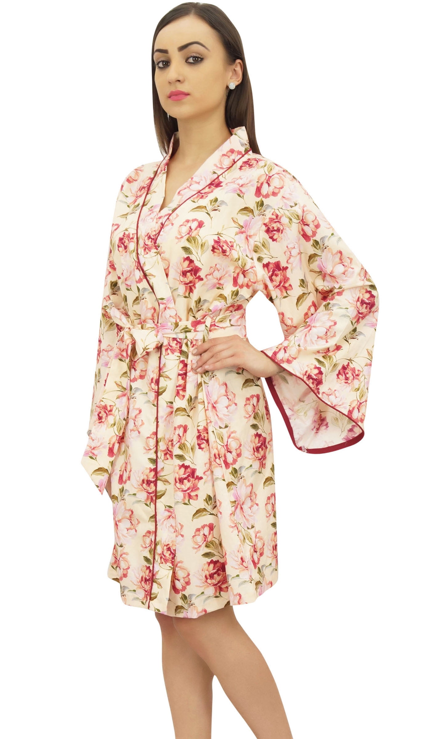 Bimba Women's Floral Robe Bridal Beige Bridesmaid Kimono Sleepwear ...
