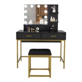 Ktaxon Vanity Table Set, 3 Color Lighted Mirror, Black Makeup Desk with ...