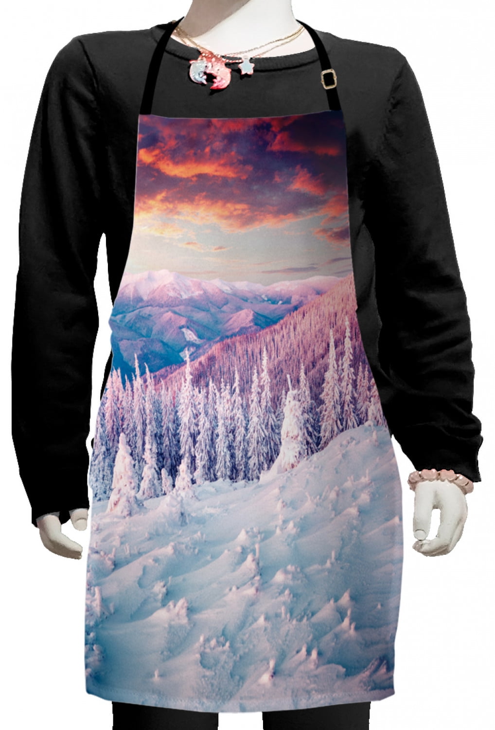 Winter Kids Apron, European Snowy Mountains Pine Forest with Sky Colors ...