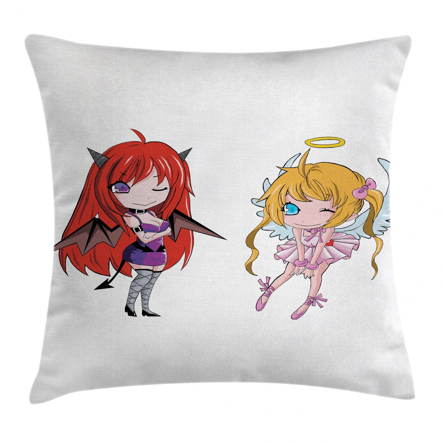 Anime Throw Pillow Cushion Cover, Angel Girl with Wings and Demon Girl ...