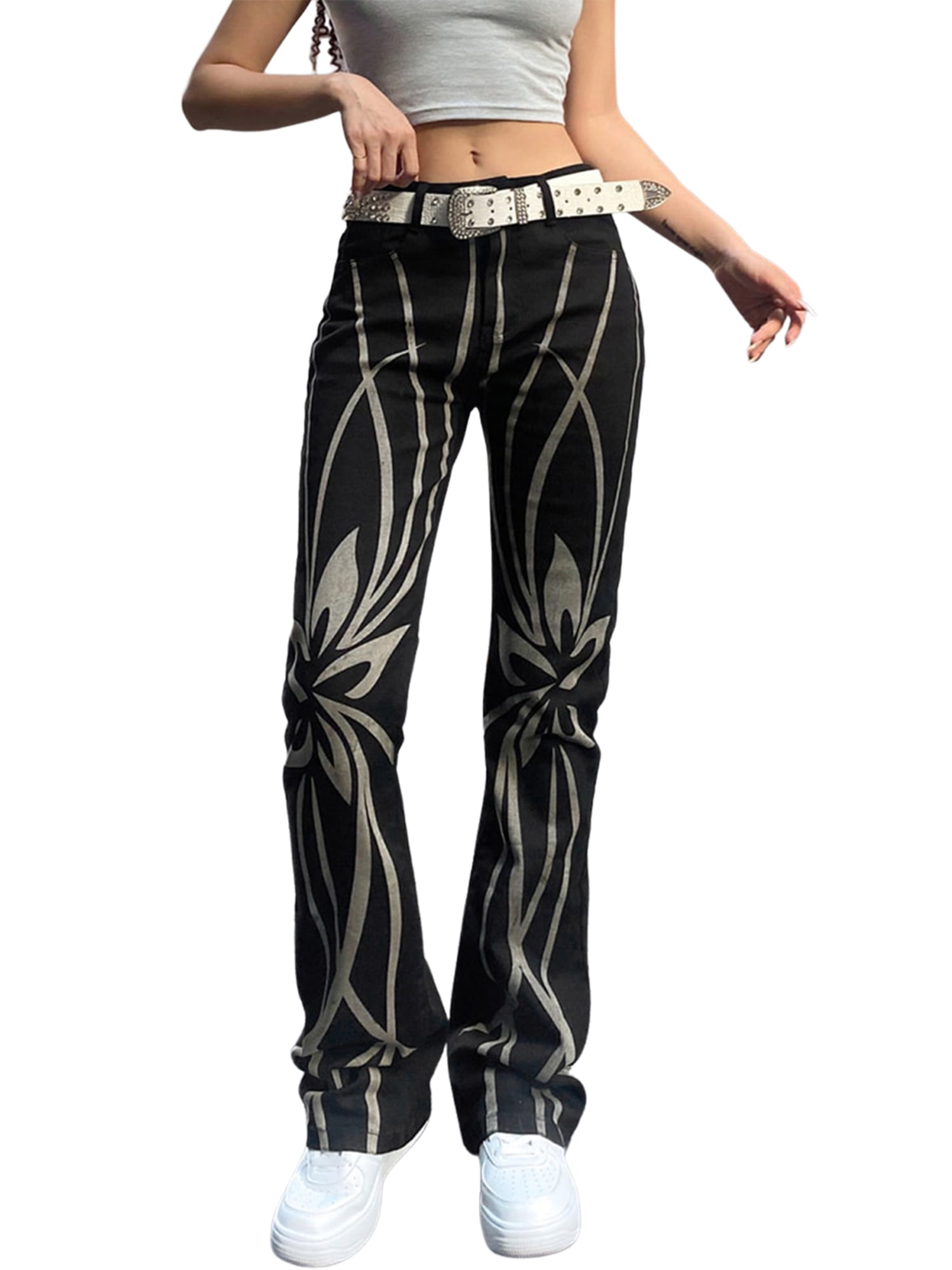 SAYOO Women Low-rise Jeans, Adults Graffiti Print Denim Pants with ...