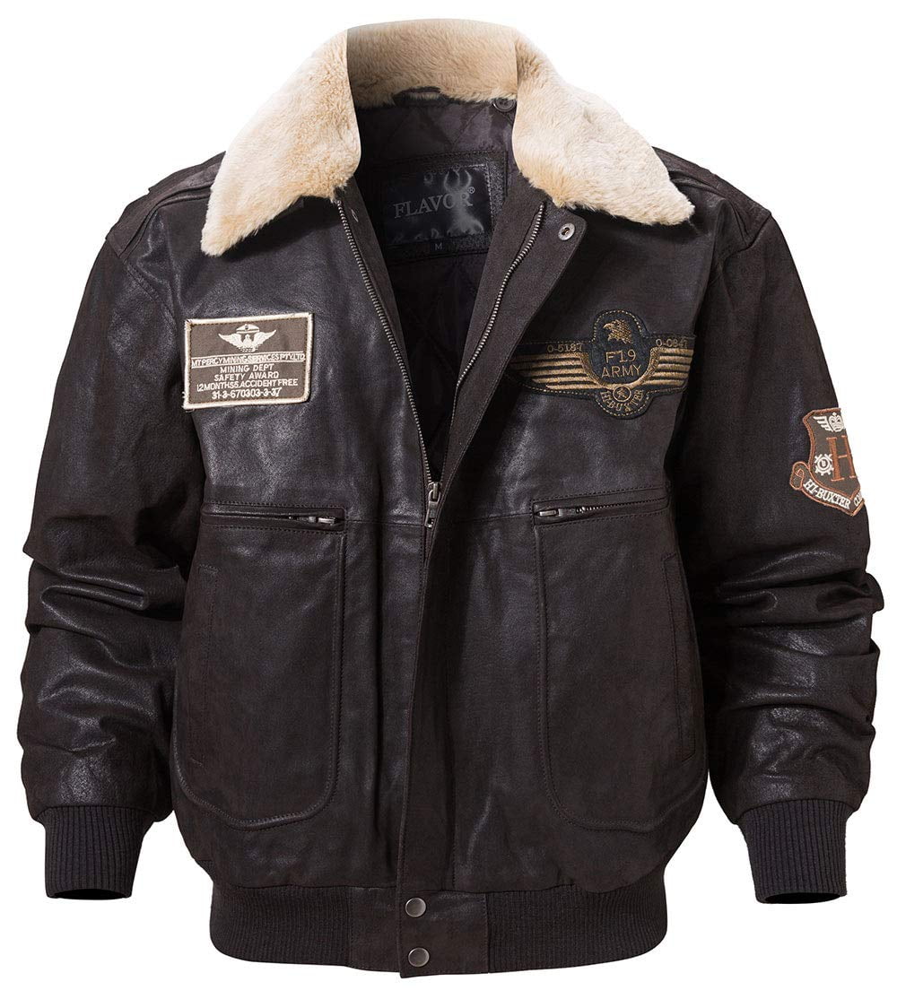 FLAVOR Men's Real Leather Bomber Jacket with Removable Collar Aviator ...