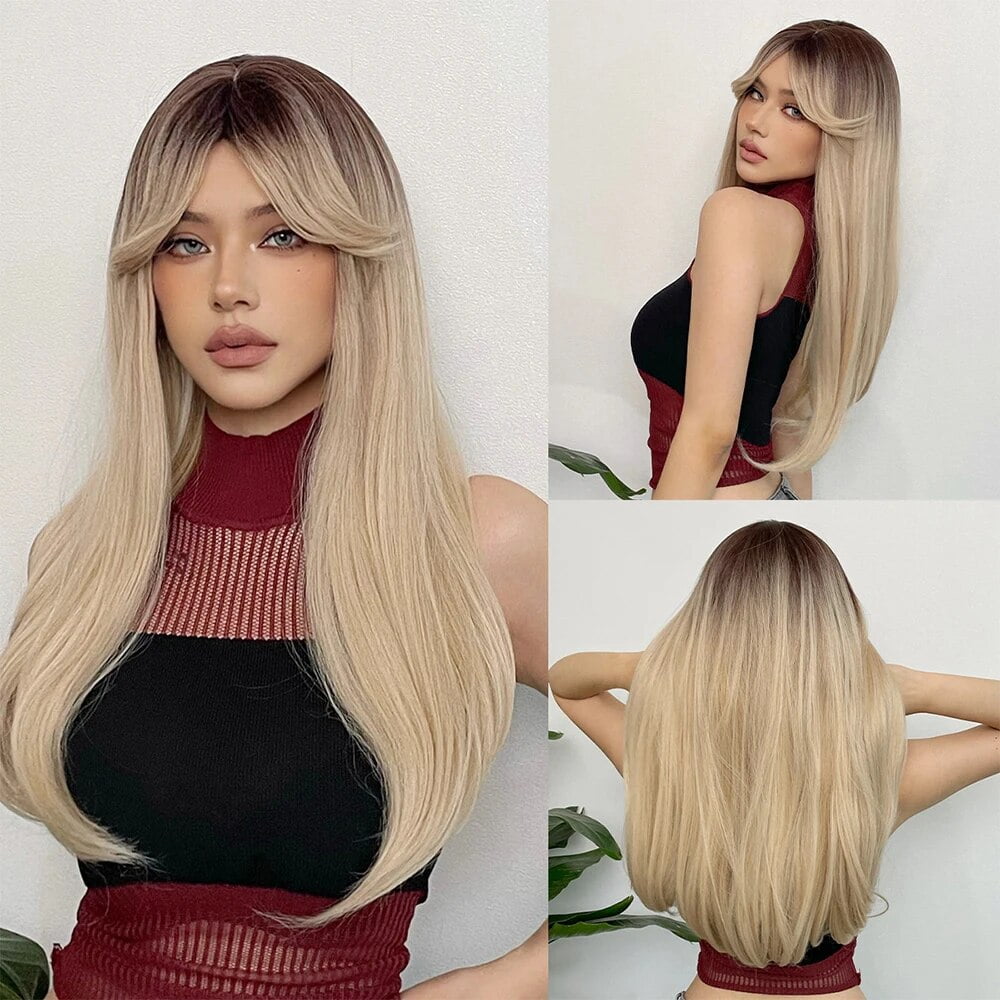 Pelucas naturales rubias largas con flequillo para mujer, pelo falso ...