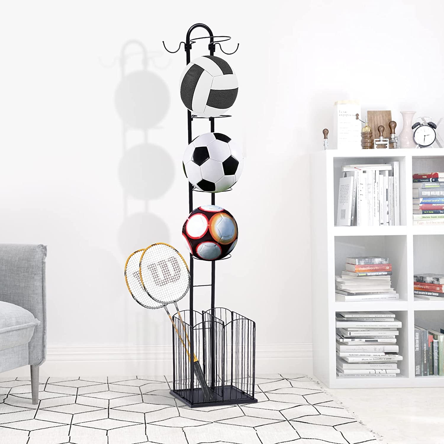 Fichiouy 4-Tier Sports Equipment Storage Rack Freestanding Ball Sports ...