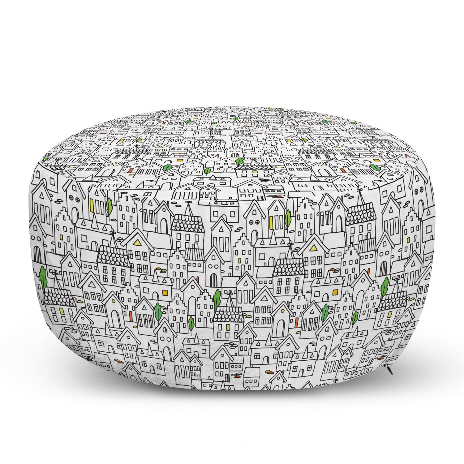 Country Pouf Cover with Zipper, Hand Drawing European Houses Streets ...