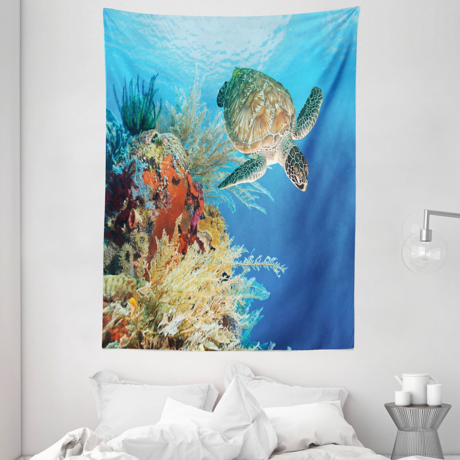 Turtle Tapestry, Colorful Underwater with Turtle Swimming Among the ...