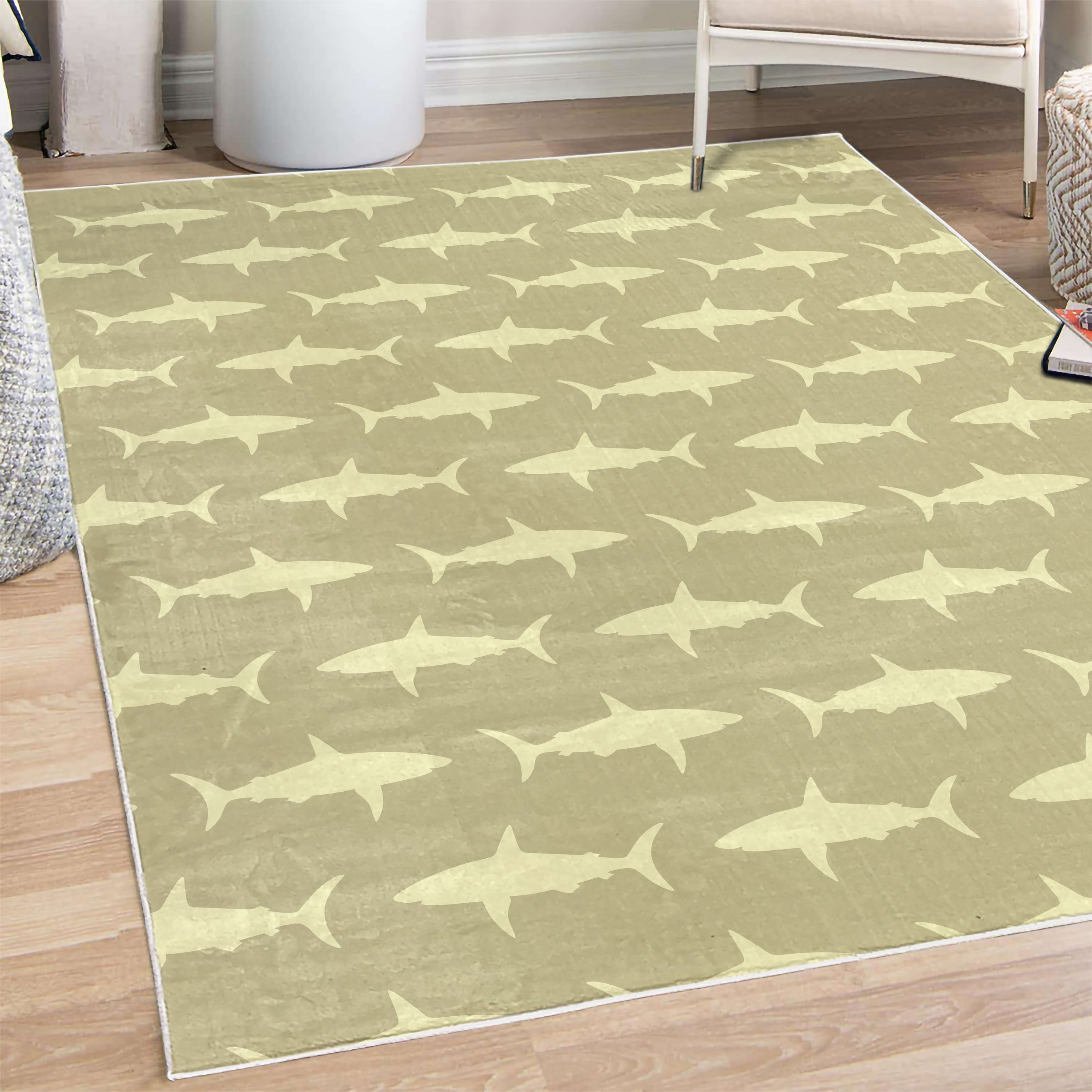 Sea Animals Decorative Rug, Sharks Swimming Horizontal Silhouettes ...