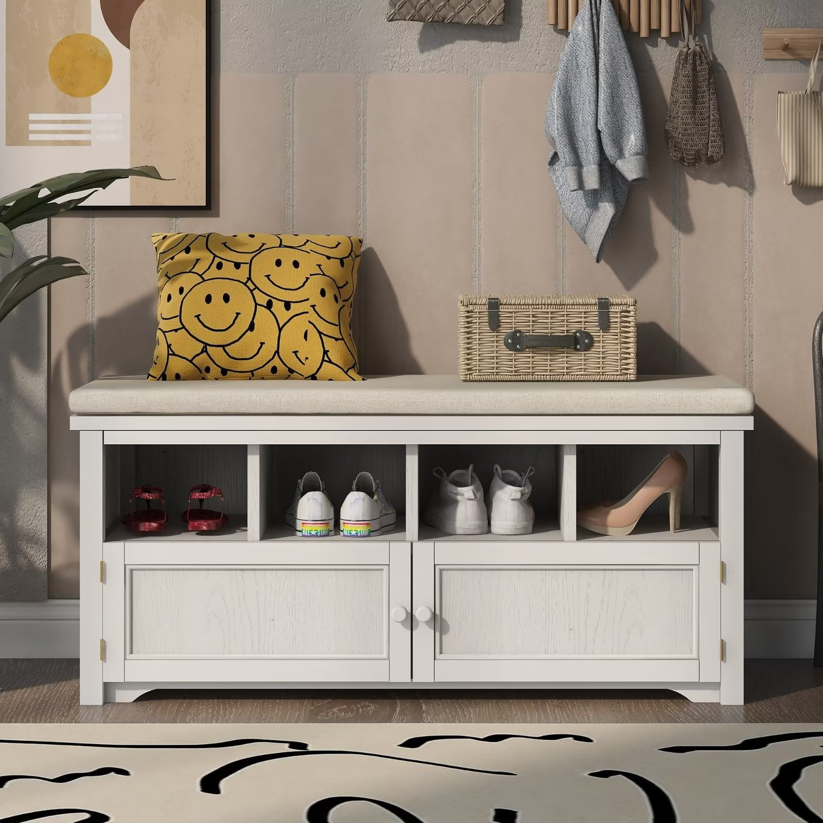 Rustic Storage Bench with Two-Door Storage and Linen Upholstered Top ...