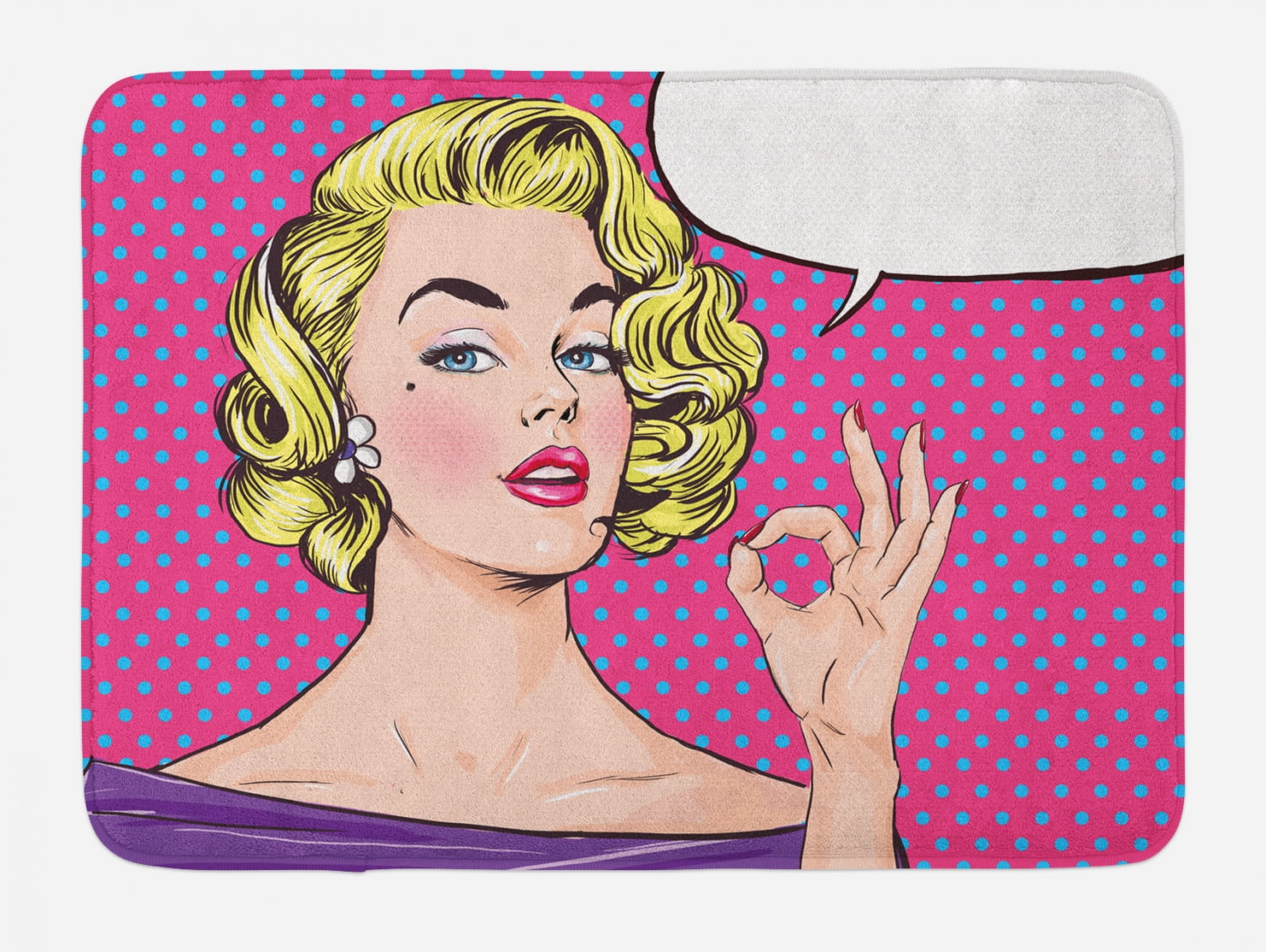 Vintage Bath Mat, Pop Art Blonde Woman Making OK Sign on Dotted ...