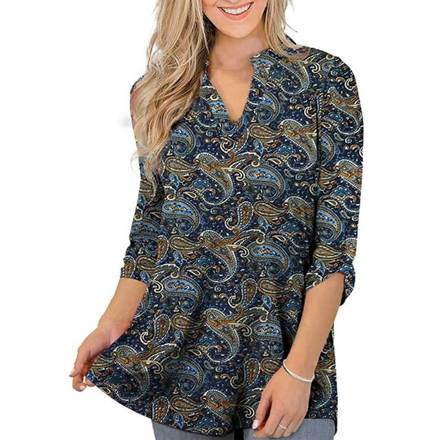Plus Size 3 4 Sleeve Shirts for Women Floral Print V Neck Blouses Tunic ...