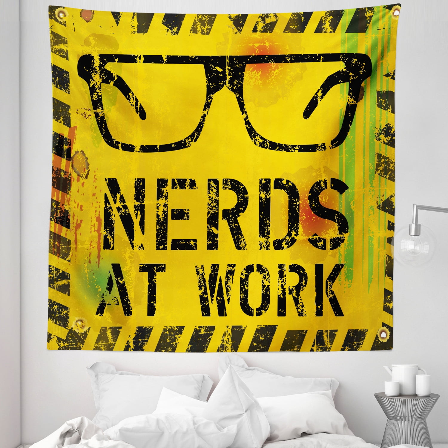 Retro Tapestry, Nerds at Work Grunge Fictional Sign Glasses Hazard ...