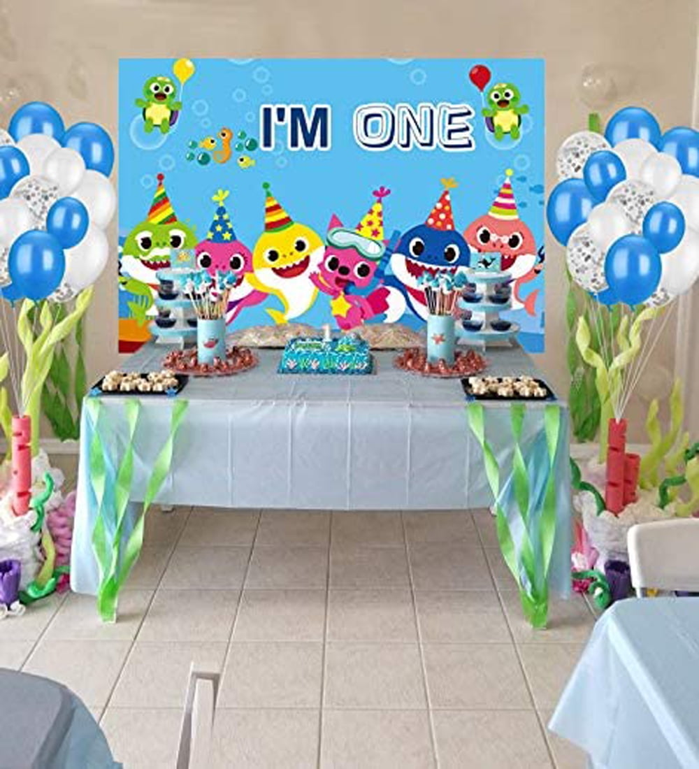Buy Baby Shark First Birthday Decorations with Backdrop and Balloons ...