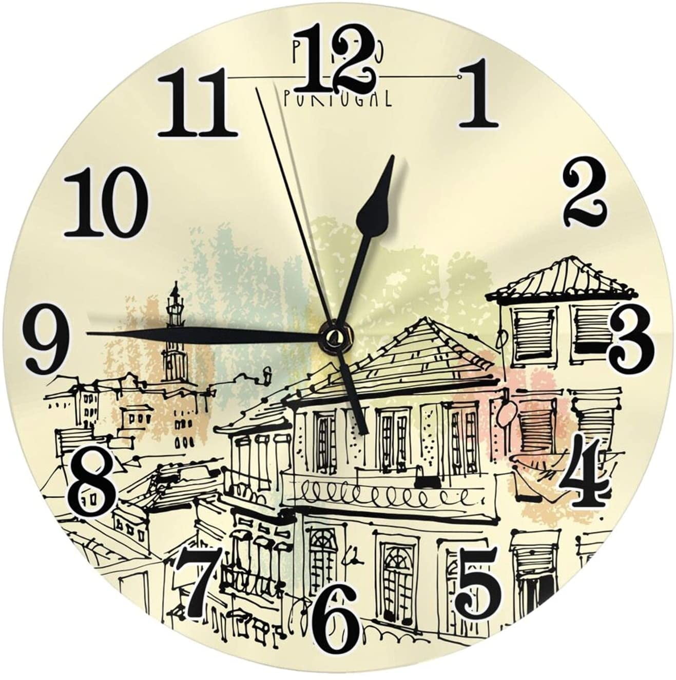 Old Town Nice Houses Church Wall Clock Battery Operated Silent Round ...