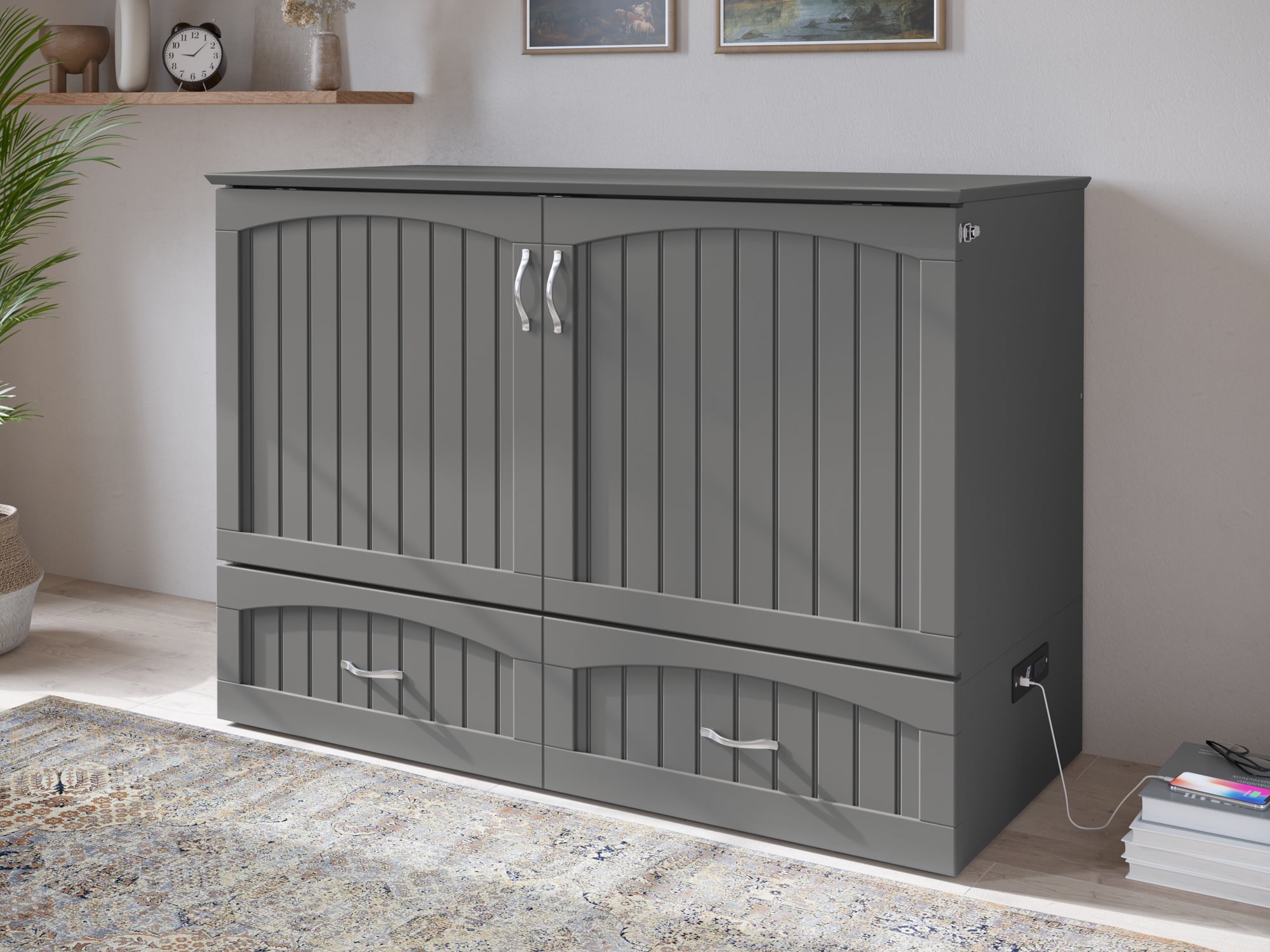 AFI Southampton Full Solid Wood Murphy Bed Chest with Mattress, Drawer ...
