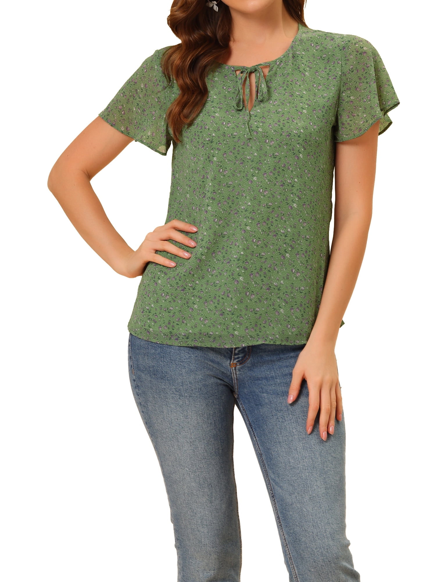 Allegra K Womens Floral V Neck Short Sleeve Ruffled Ditsy Blouse Tops