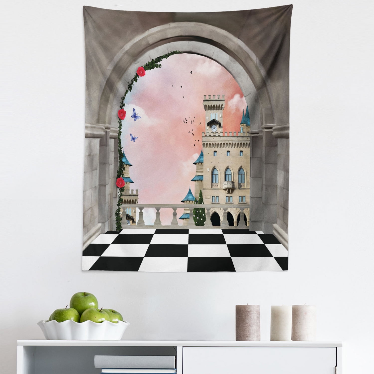 Fantasy Tapestry, Castle Balcony Checkered Floor Pattern Medieval ...