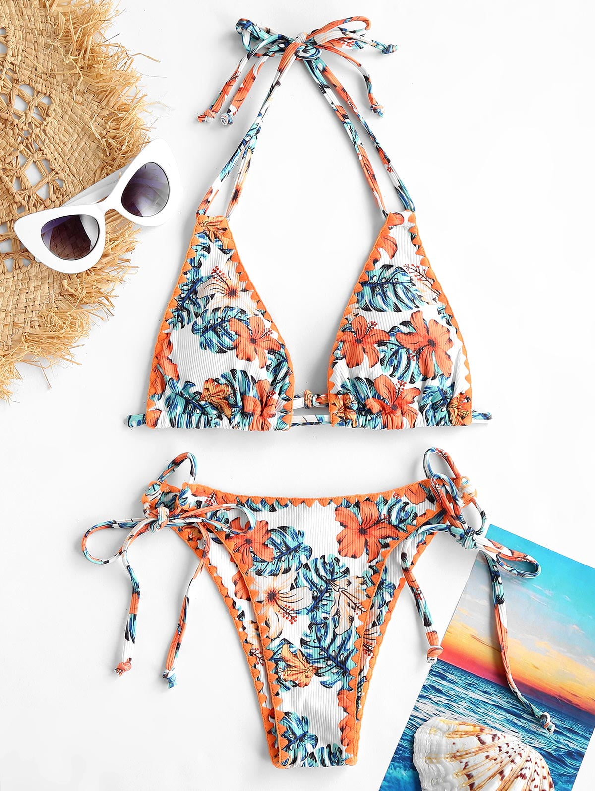 ZAFUL Women Swimsuit Plant Print Braided Trim Ribbed String Bikini Set ...