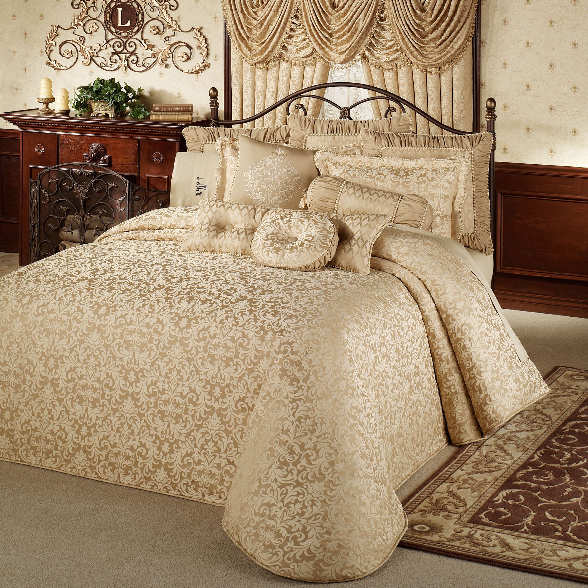Newcastle Golden Tan Oversized Grande Damask Scroll Bedding Bedspread ...