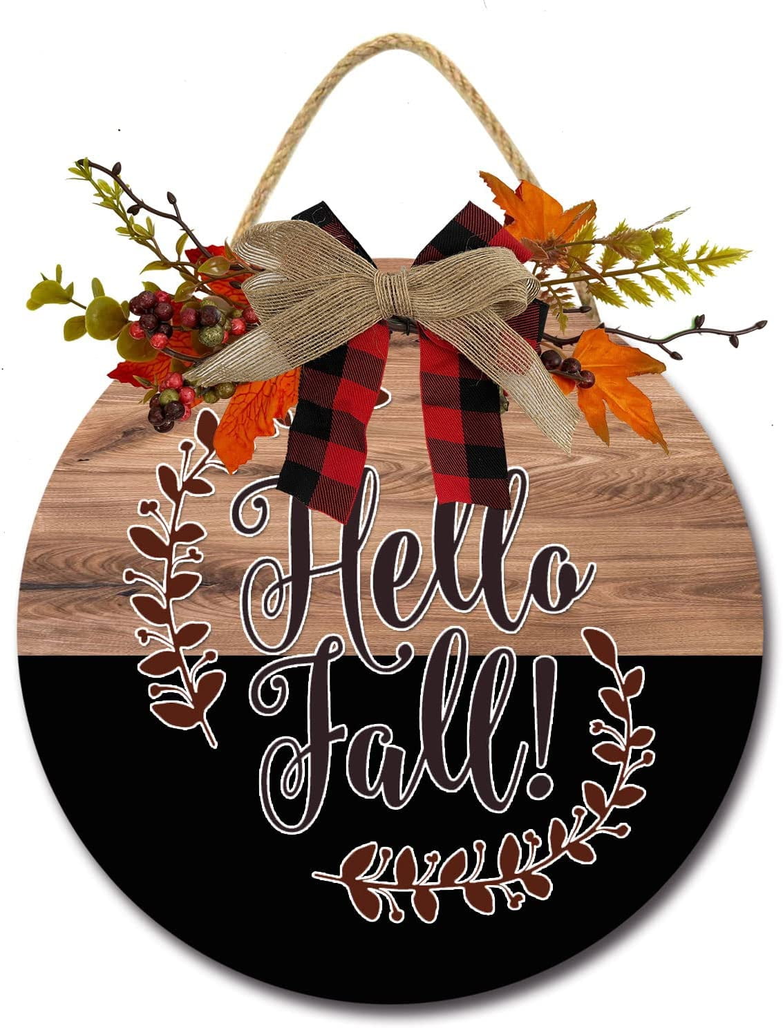 Eveokoki 11" Wooden Hanging Sign Round Hello Fall Wood Door Sign ...