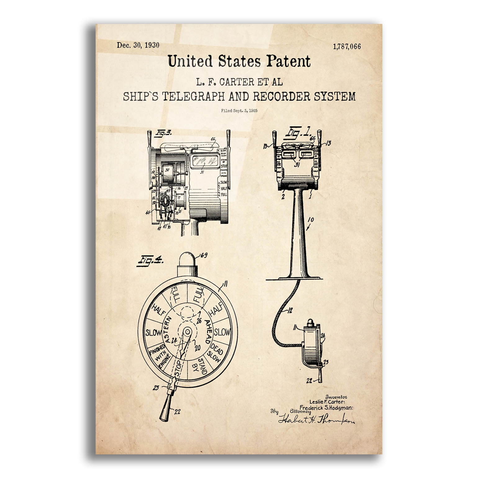 Epic Art 'Ship's Telegraph and Record System Blueprint Patent Parchment ...
