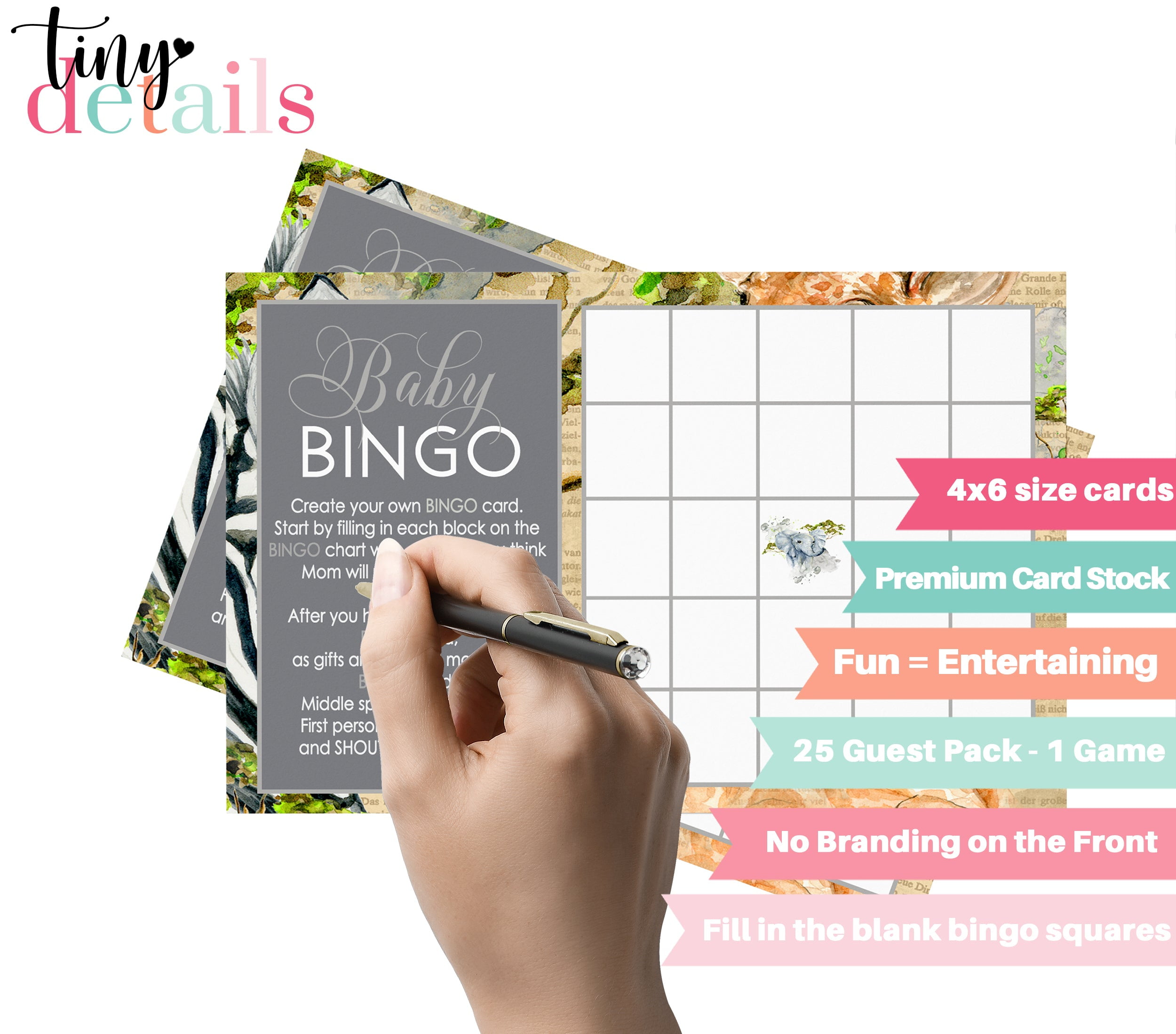 Jungle Baby Shower Bingo Game Pack of 25 Activity Guests Play Fill In ...
