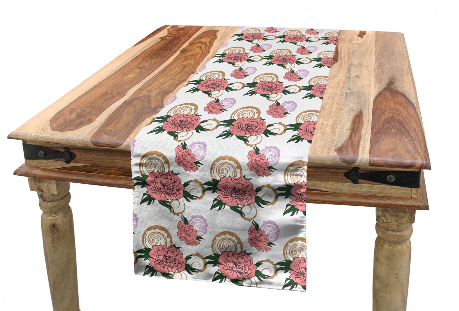 Floral Table Runner, Continuous Peony Flowers in Hand Drawn Romantic ...
