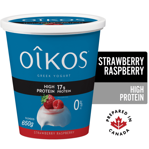 Oikos Greek Yogurt, Strawberry-Raspberry, High Protein, Blended, 0% M.F ...
