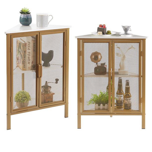 VECELO Set of 2 Corner Storage Cabinet with Dual Door, Wood Floor ...