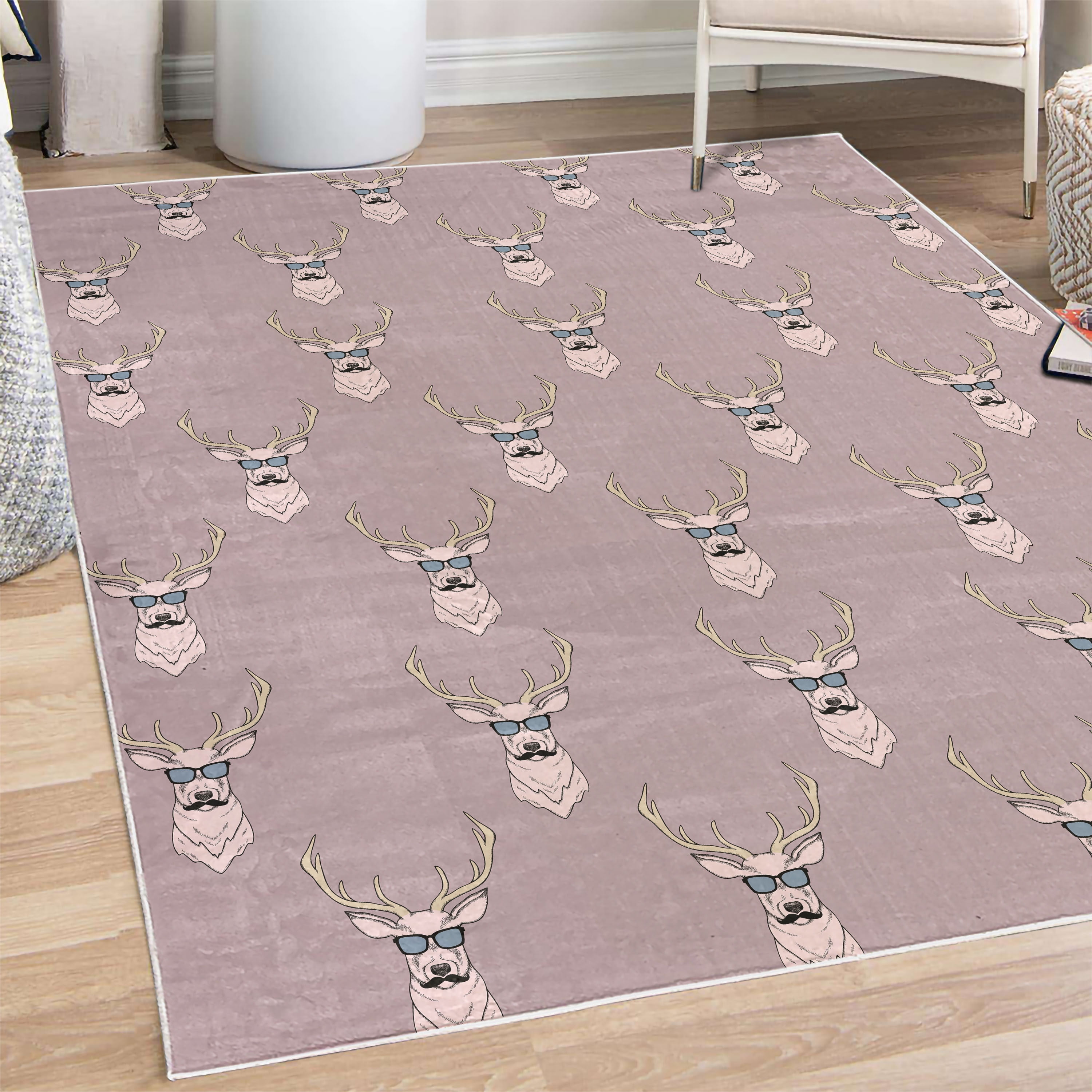 Deer Decorative Rug, Hipster Inspired Antlers Glasses Mustaches Funny ...