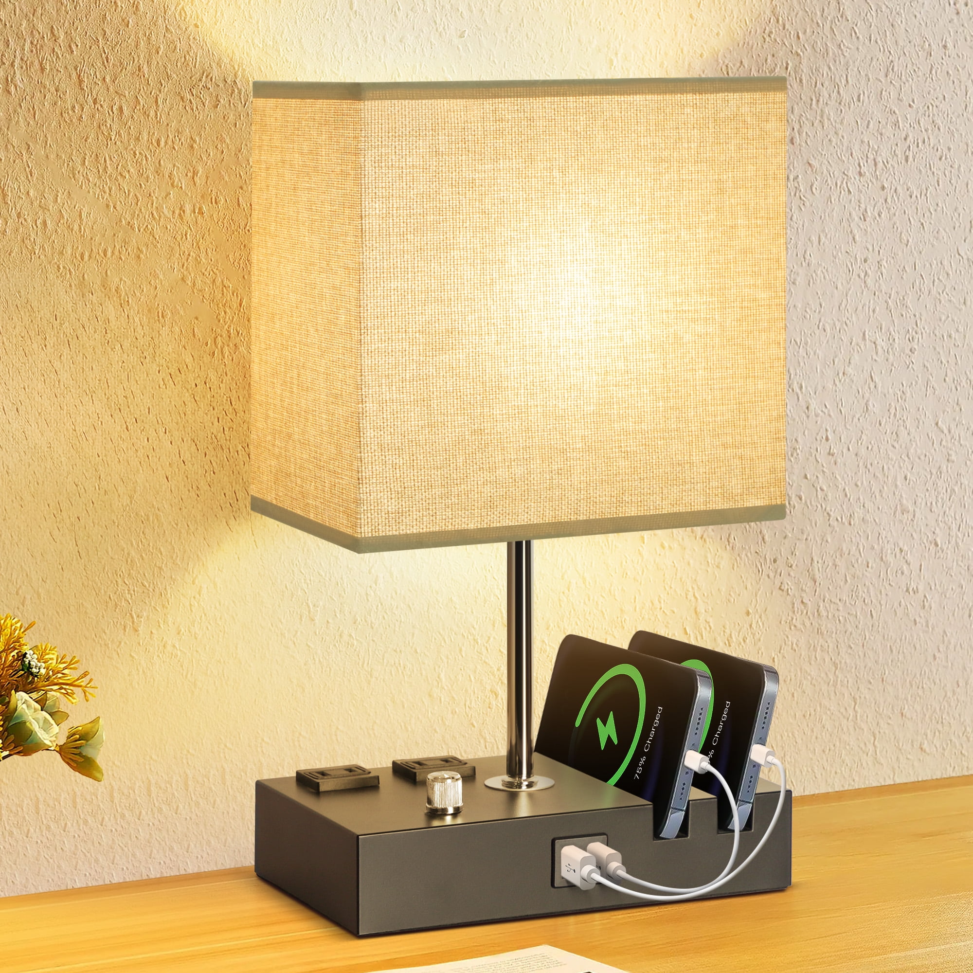 OUTON Dimmable Bedside Table Lamps with Charging Outlets and 2 Phone ...