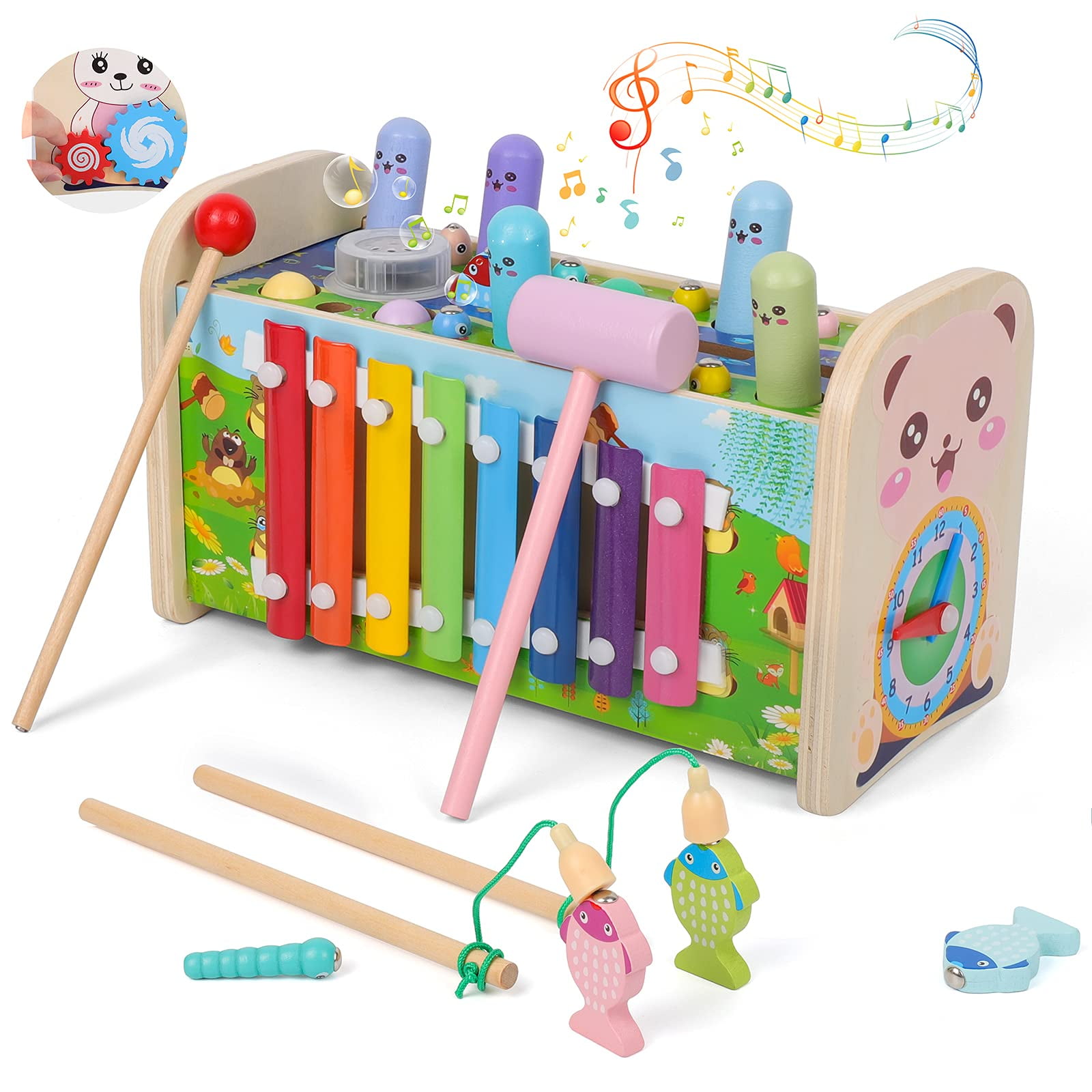 Wooden Pounding Bench ，8-in-1 Wooden Musical Hammer Toy with Xylophone ...