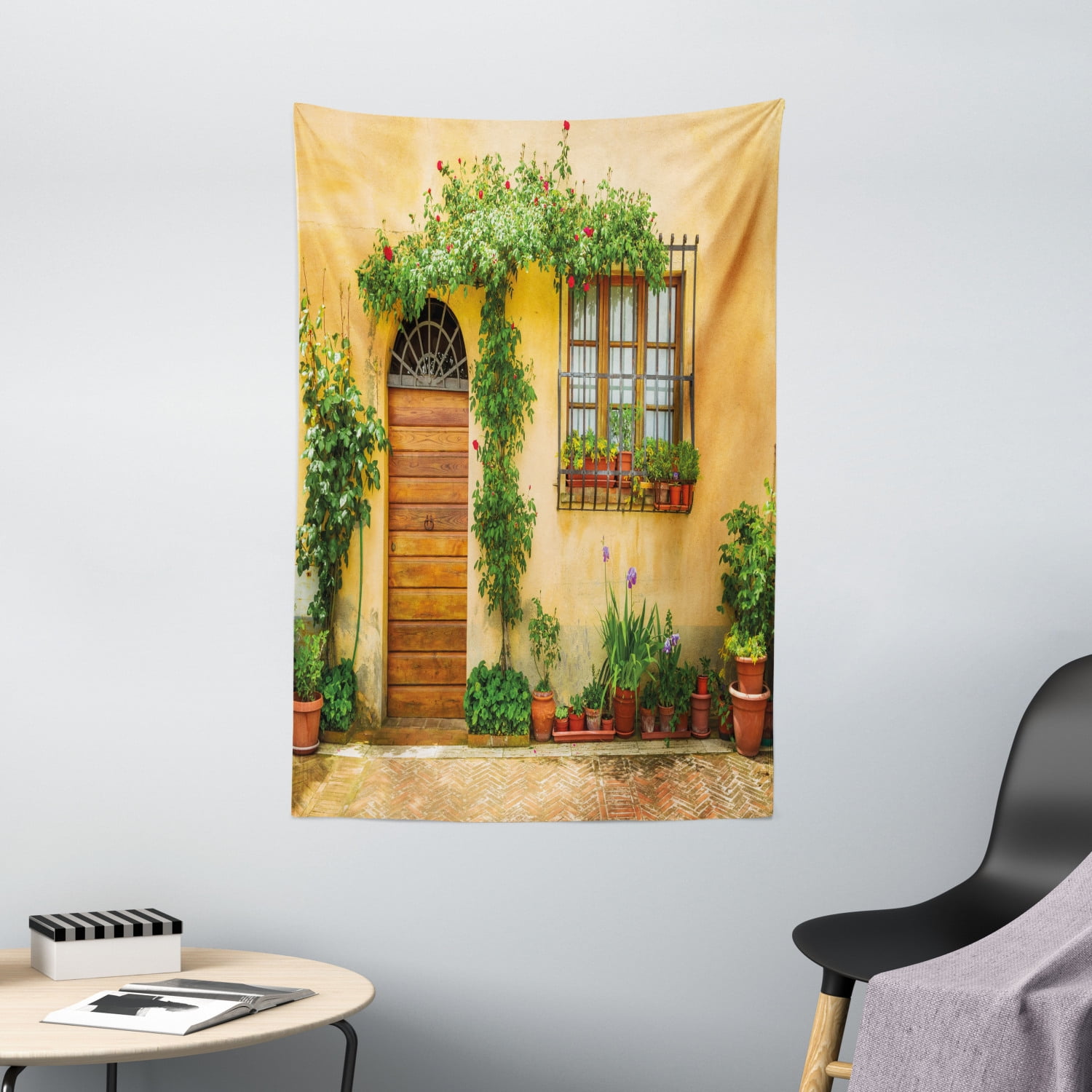 Italy Tapestry, Porch with Different Flowers Pots Fresh Green Plants ...