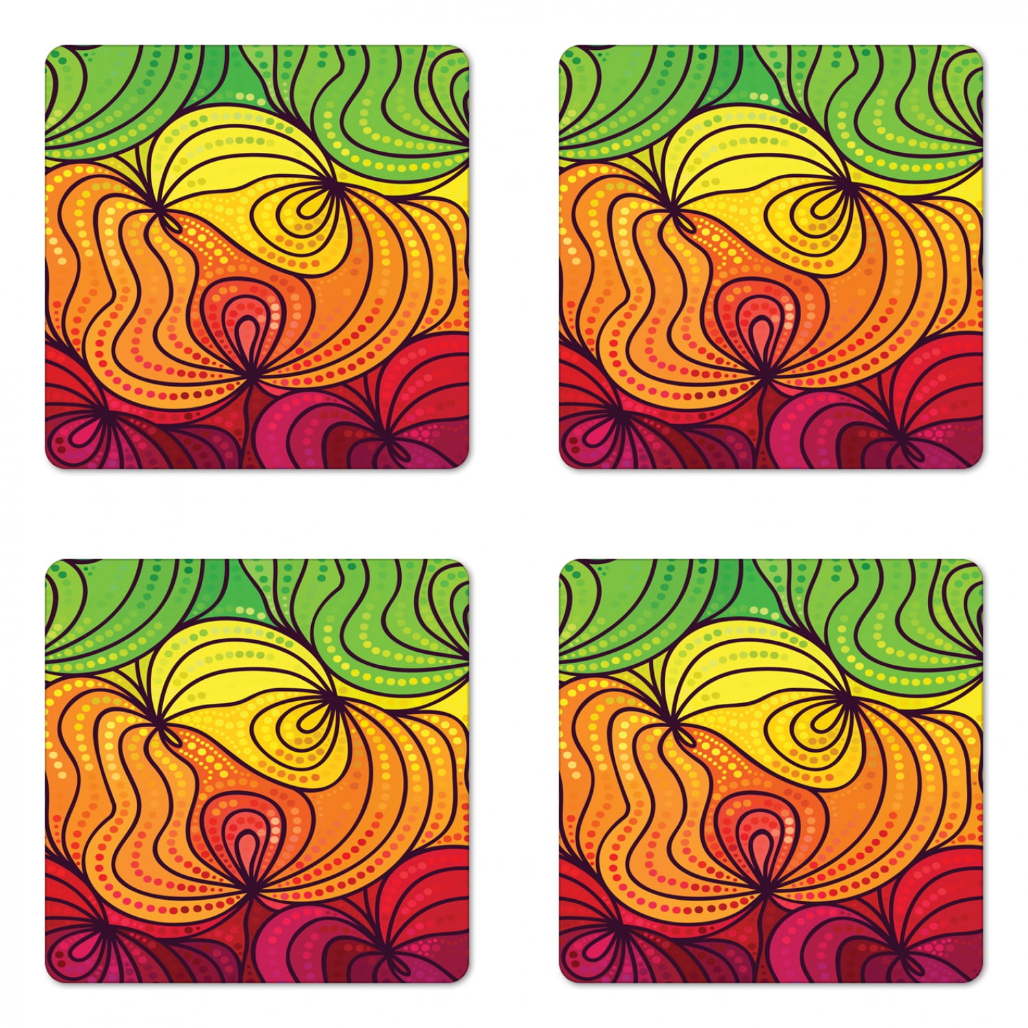 Abstract Coaster Set of 4, Colorful Tangled Lines Abstract Leaves ...