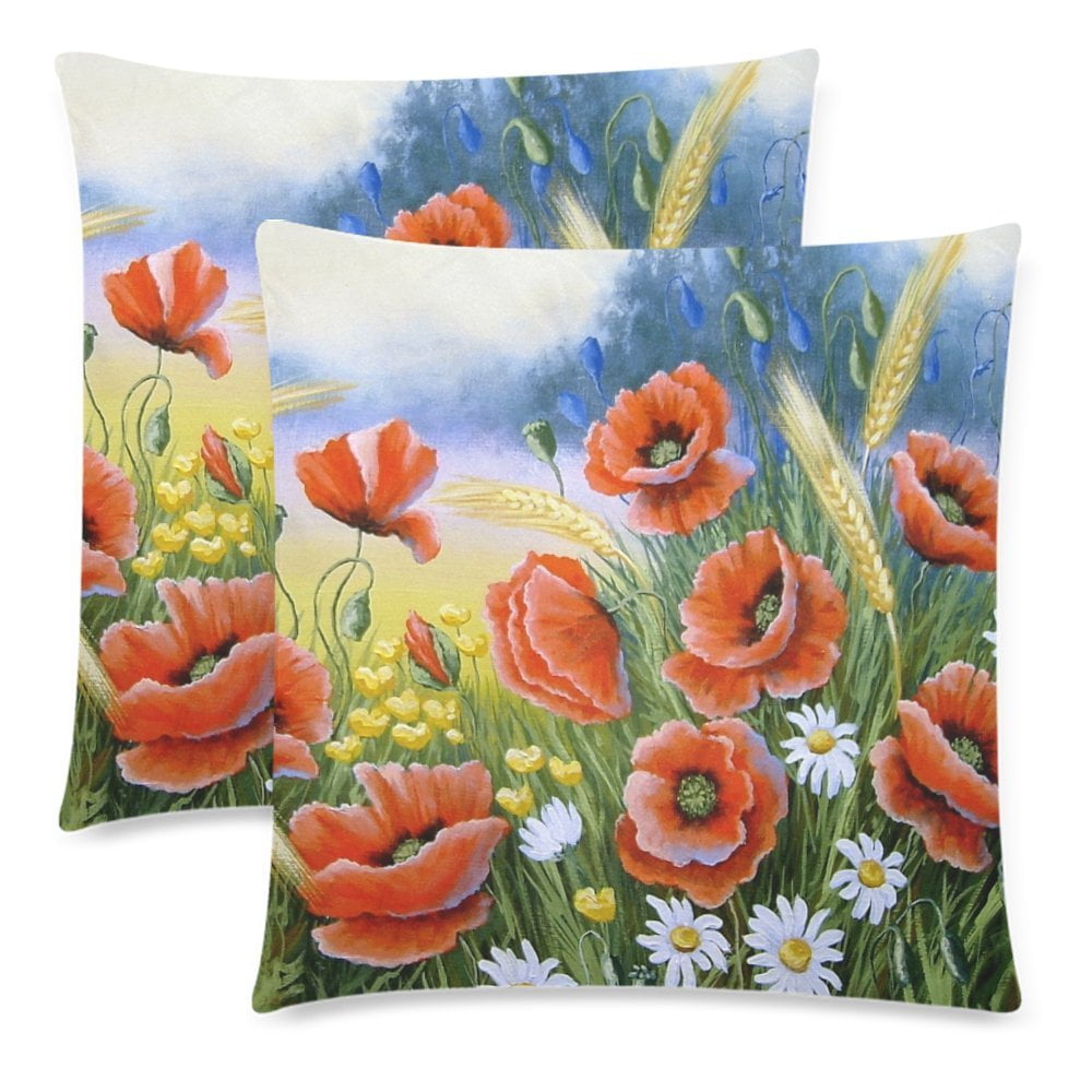 YKCG 2 Pack Poppy Field Painting Cotton Pillowcase 18x18 Cushion Cover ...