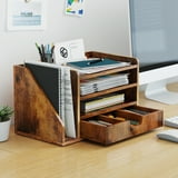 Multi-Tier Wood Desk File Organizer with Side File Rack, 3 Tray Shelves ...