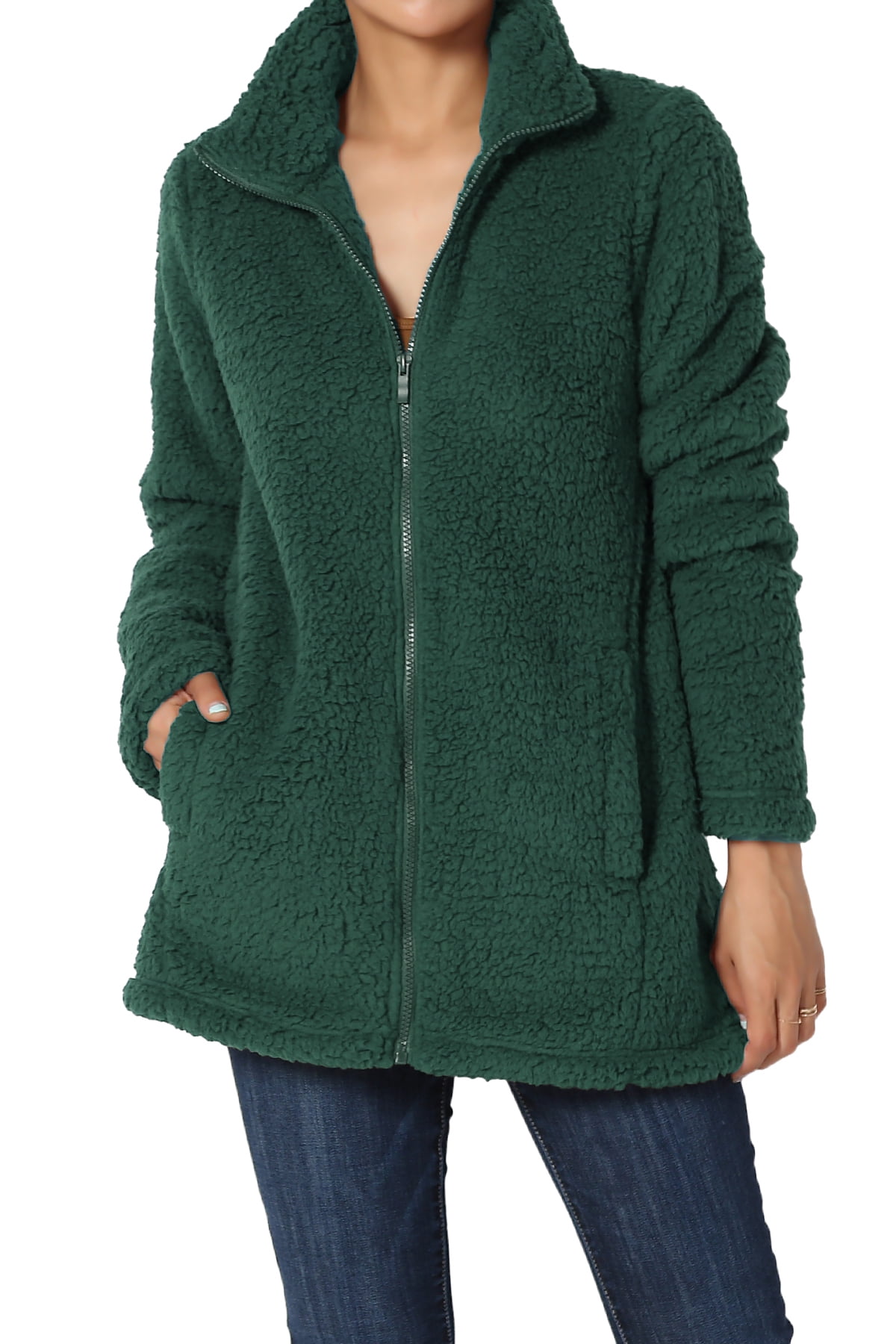 TheMogan Women's S~3X High Neck Zip Up Soft Short Teddy Jacket Fuzzy ...