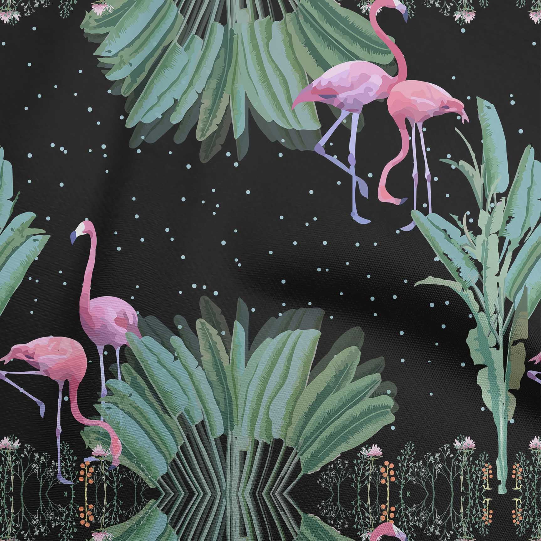oneOone Cotton Silk Black Fabric Tropical Flamingo Sewing Material ...