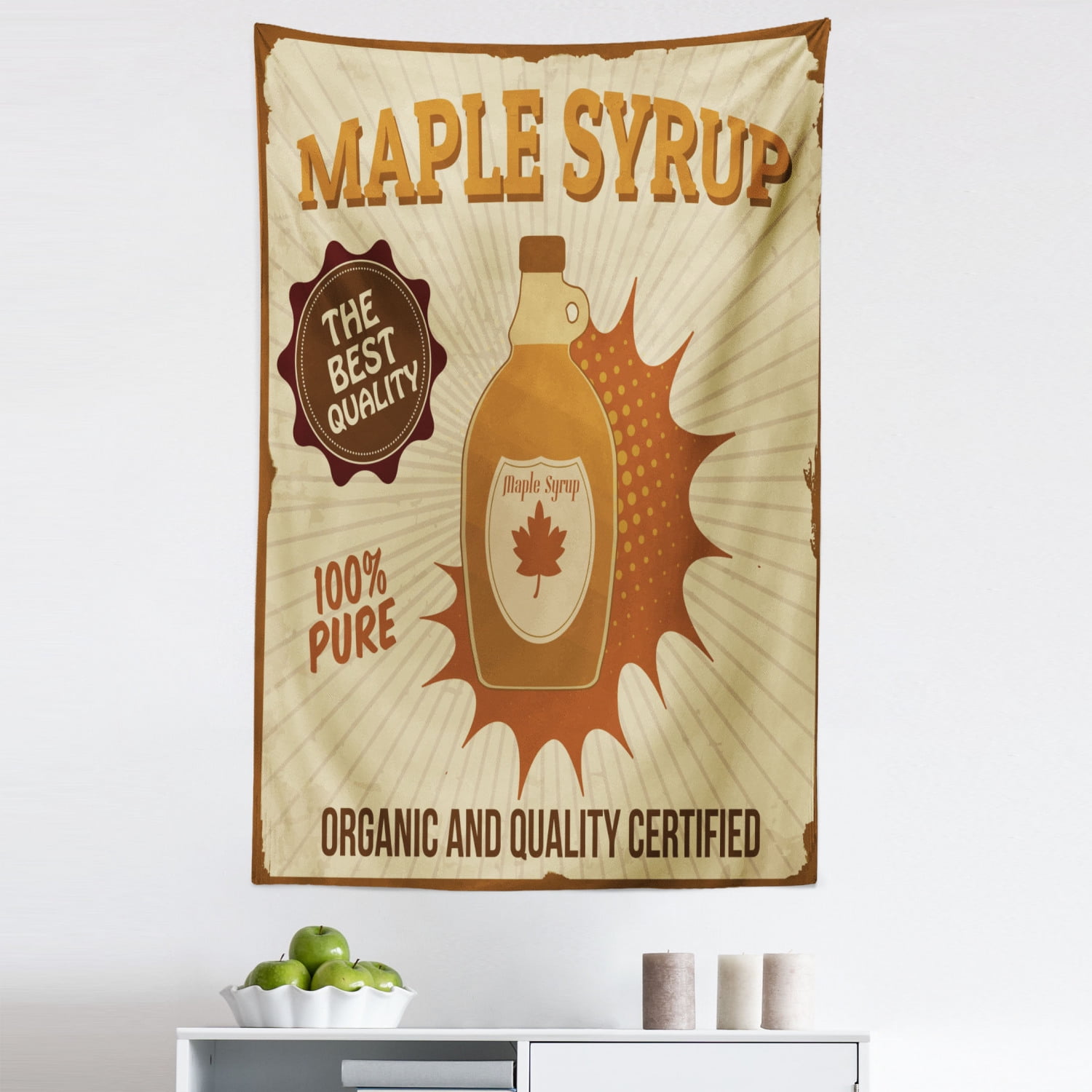 Retro Tapestry, Maple Syrup Ad with Grunge Effect Worn out Background ...