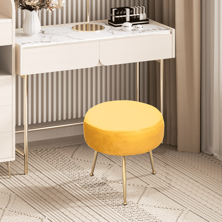 MoNiBloom Velvet Vanity Stool for Makeup Room Bedroom Modern Foot Stool Chair Round Ottoman Upholstered Seated Footrest Dressing Stool with Golden
