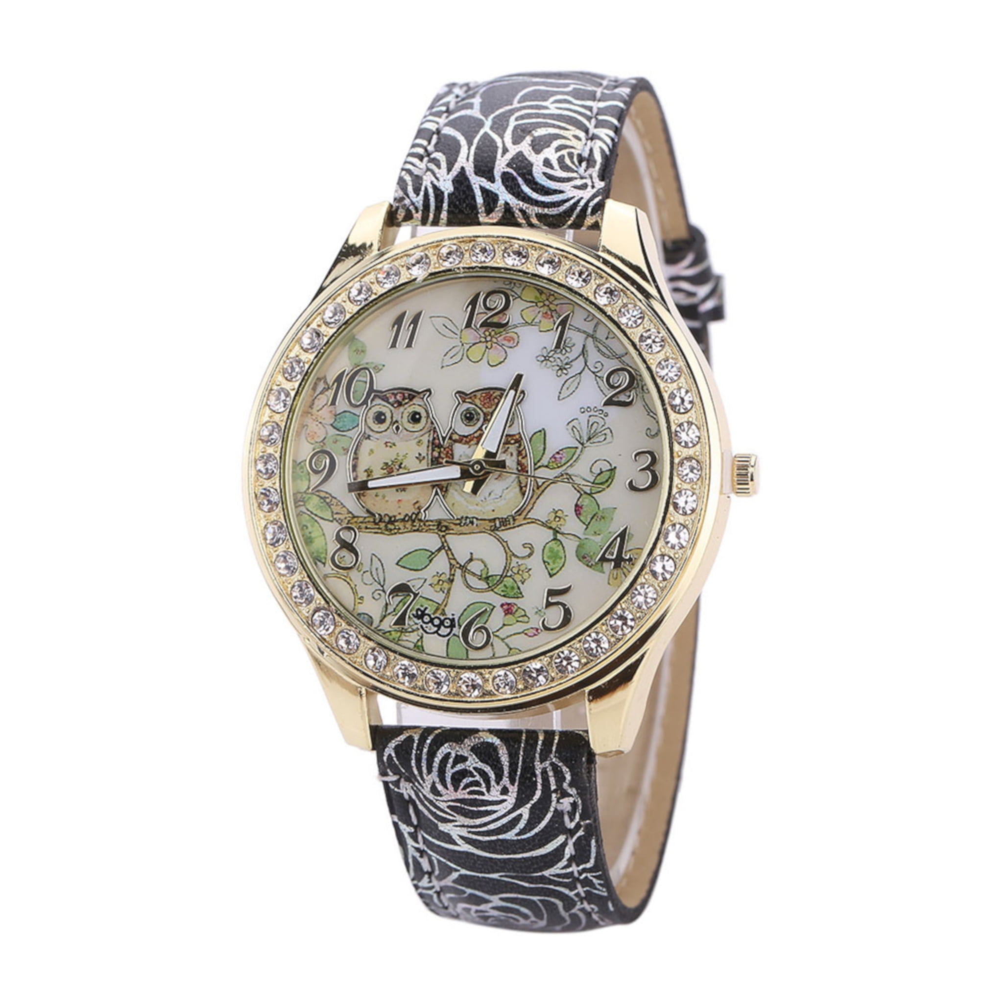 Owl Watch Crystal Stones Black Rose Design Band Glow in the Dark Hands ...