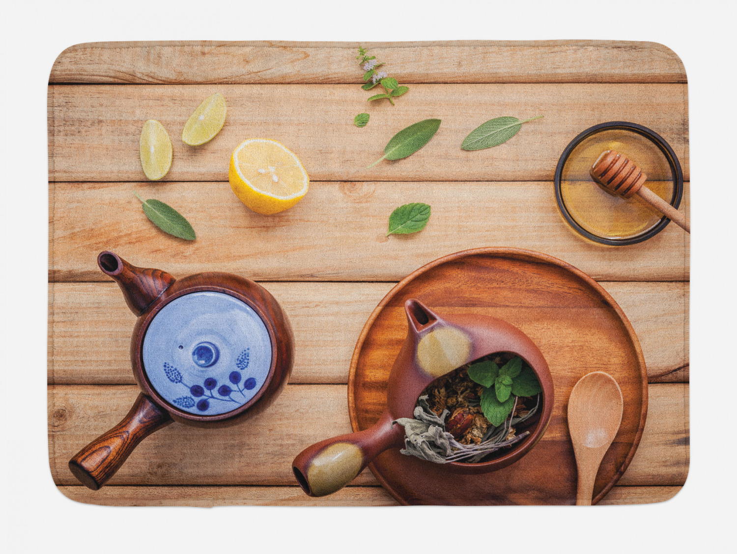 Tea Party Bath Mat, Herbal Tea Pot with Fresh Herbs Sage Peppermint and ...