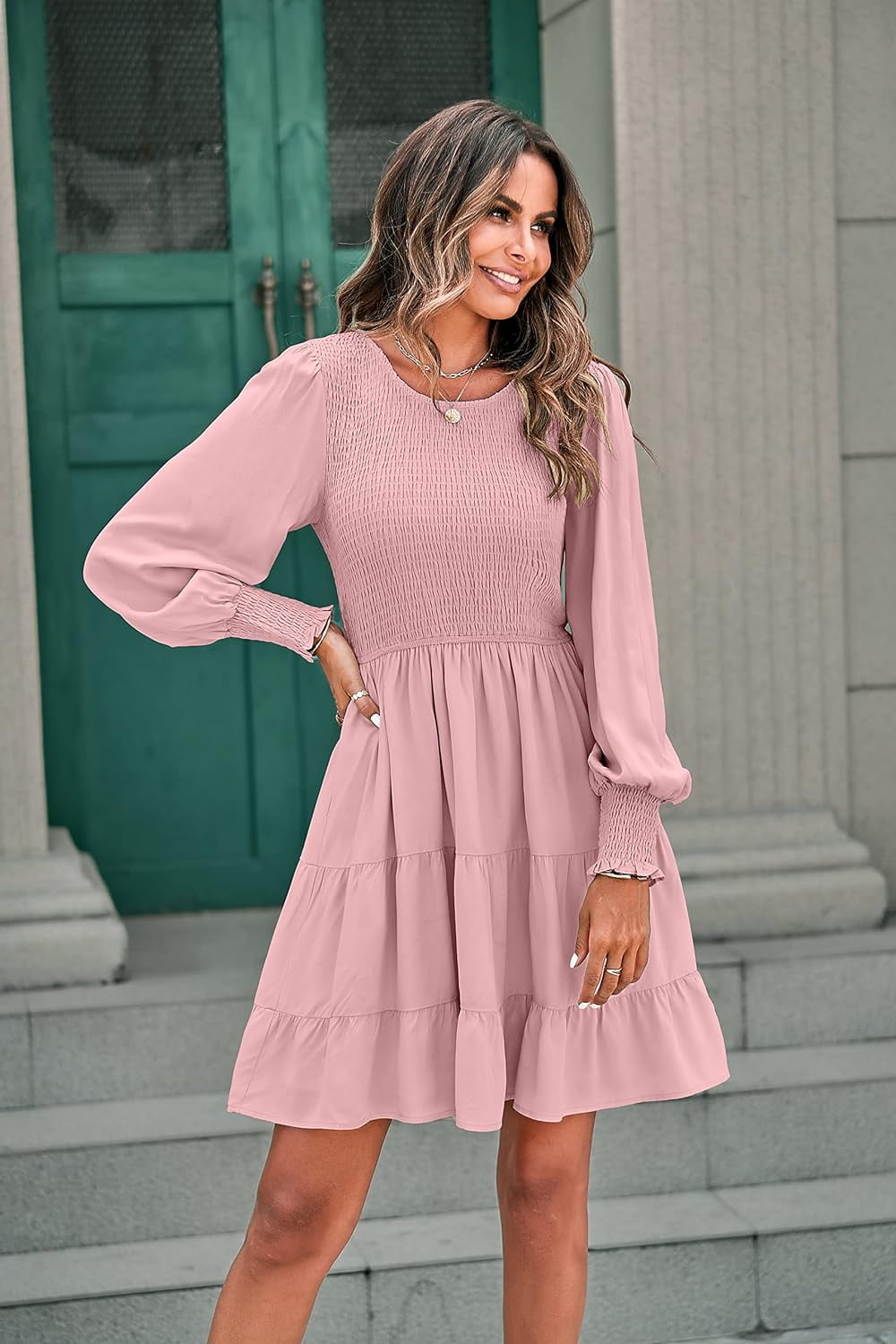 Women's 2023 Casual Long Sleeve Smocked Crew Neck Elastic Women's 2023 Casual Long Sleeve Smocked Crew Neck Elastic