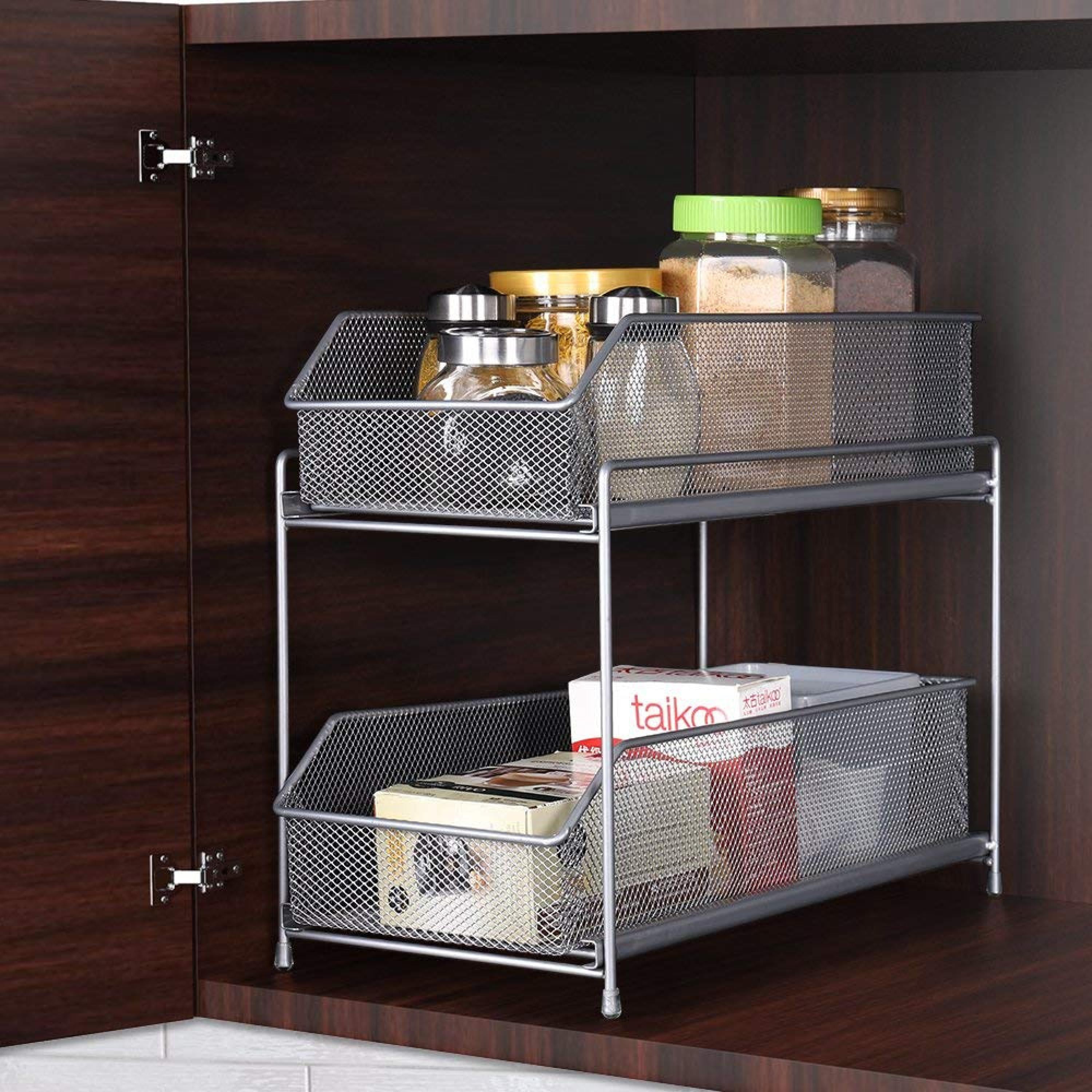 2 Tier Sliding Basket Organizer Metal Mesh Drawer Organizer-White ...